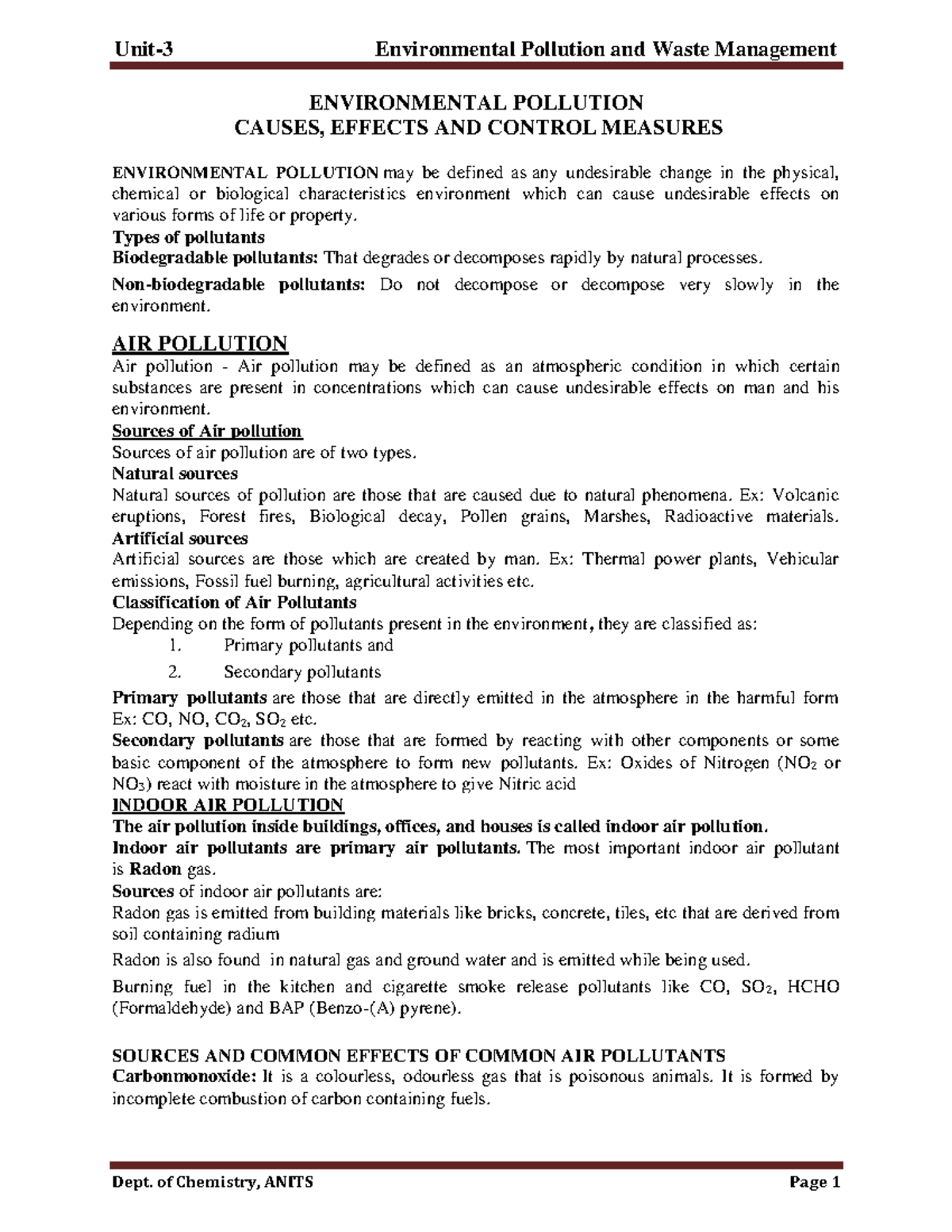 Unit 3 - Notes. - ENVIRONMENTAL POLLUTION CAUSES, EFFECTS AND CONTROL ...