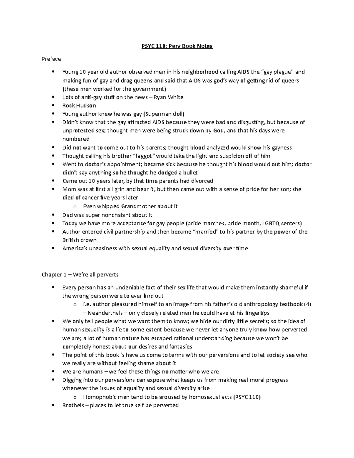 Lecture notes, lectures 1-13 - Book report - PSYC 110: Perv Book Notes ...