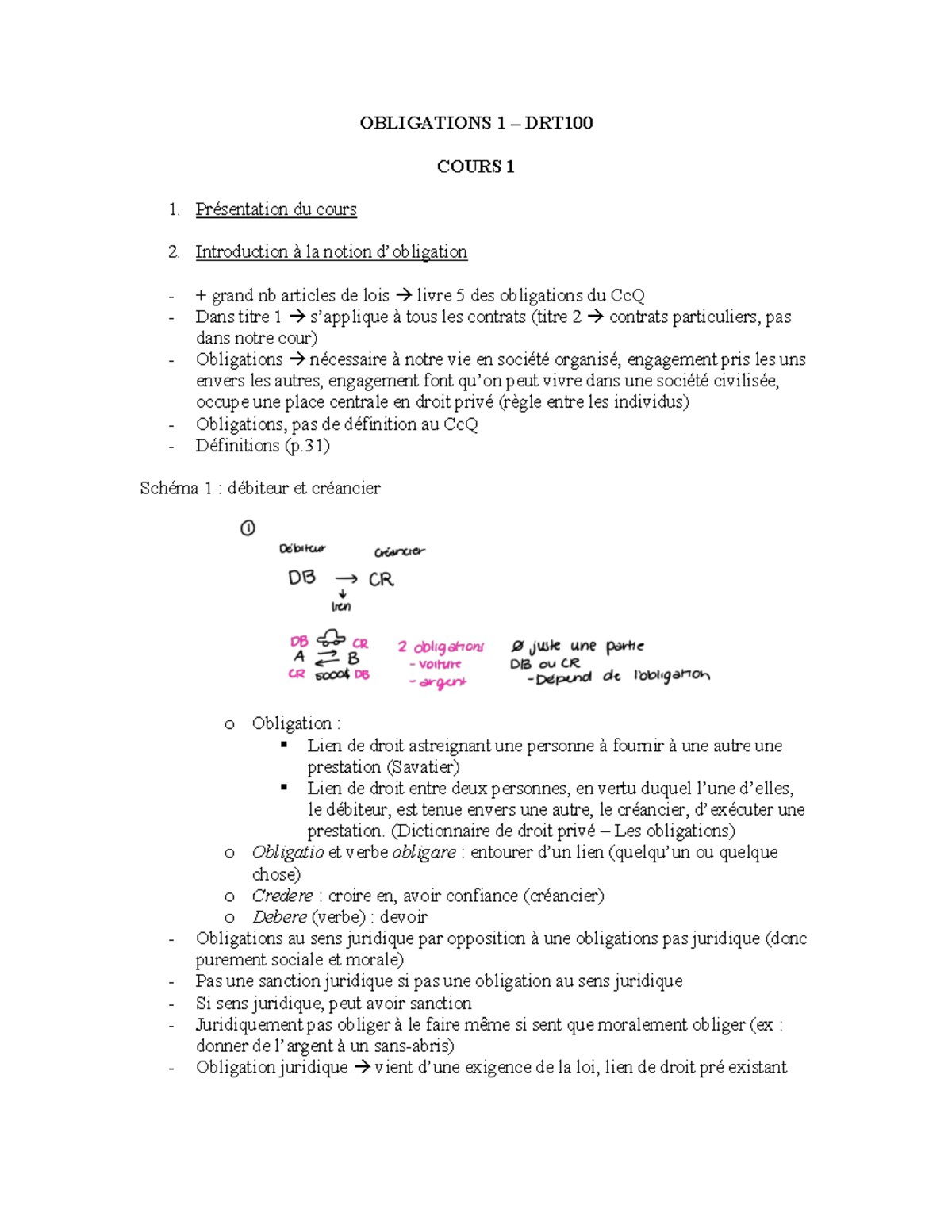 Cours 1 - Obligations 1 - DRT100 - OBLIGATIONS 1 – DRT COURS 1 ...