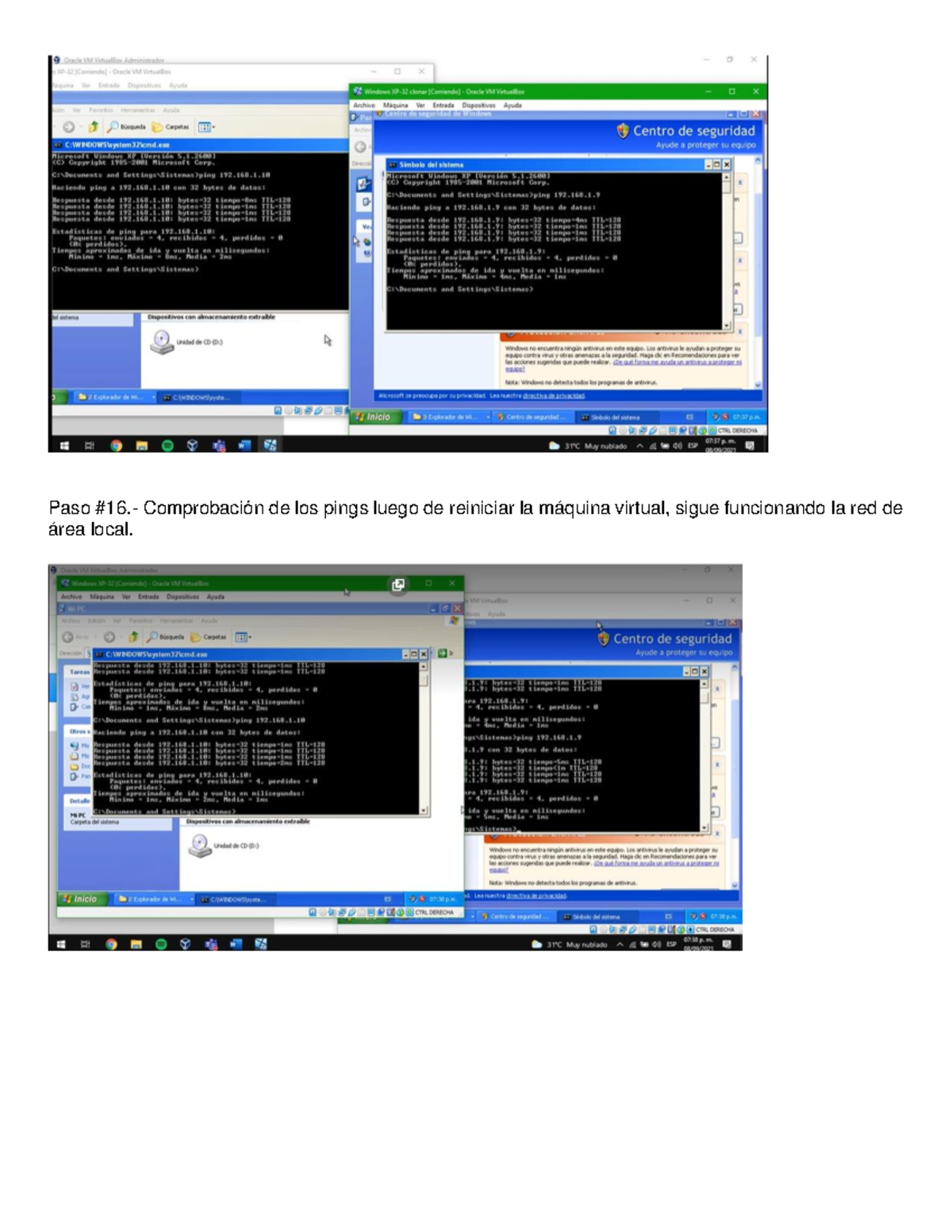 Tutorial máquina virtual-13 - Paso #16.- Comprobación de los pings luego de reiniciar la máquina ...