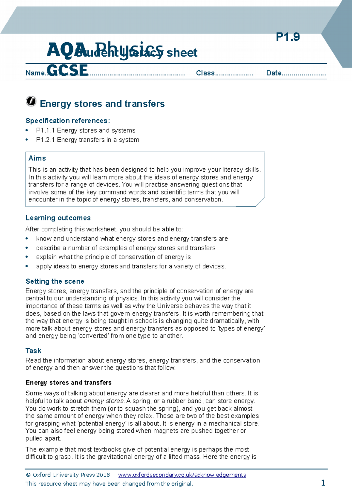 Oxo AQA16 P109 ls01 csaann - Student literacy sheet - Studocu