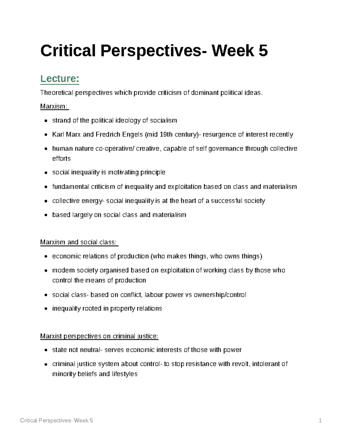 Critical Perspectives- Week 5 - Marxism: strand of the political ...