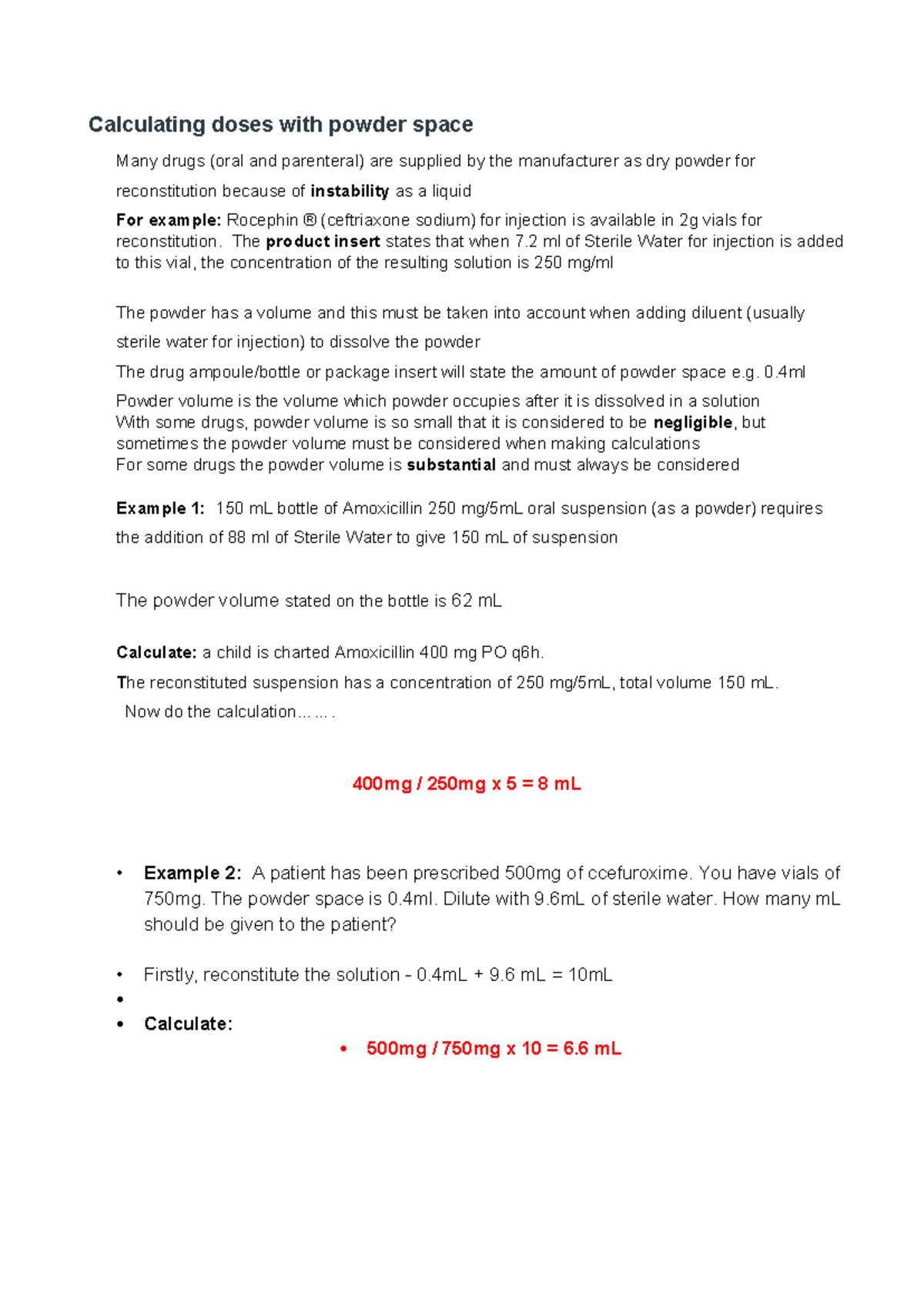 Calculating doses with powder space - The product insert states that ...