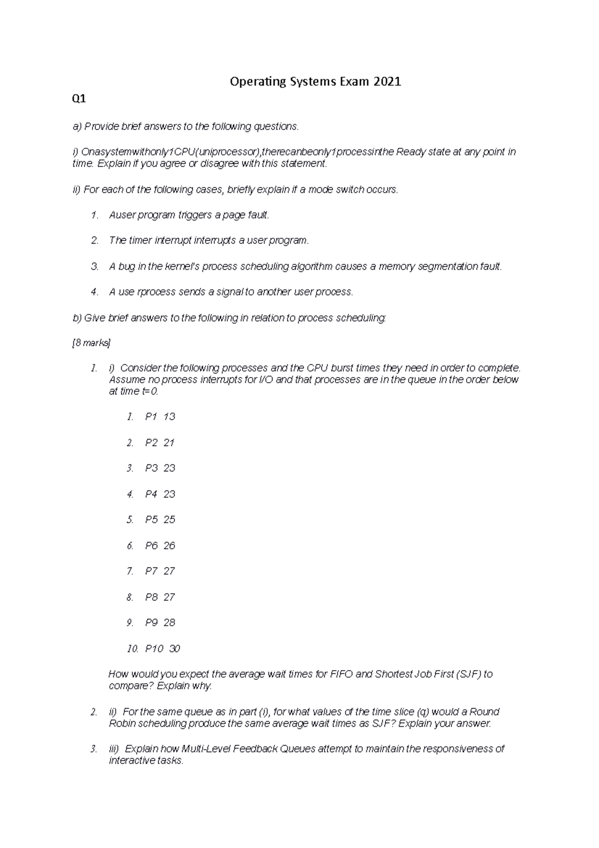 Operating Systems Exam 2021 Solutions - Operating Systems Exam 2021 Q a ...