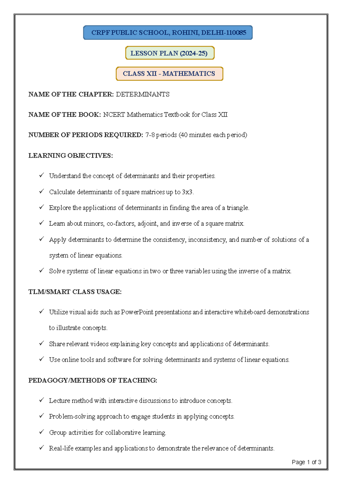 4. Determinants Lesson Plan Mathematics class XII 2024-25 - Copy - CRPF ...