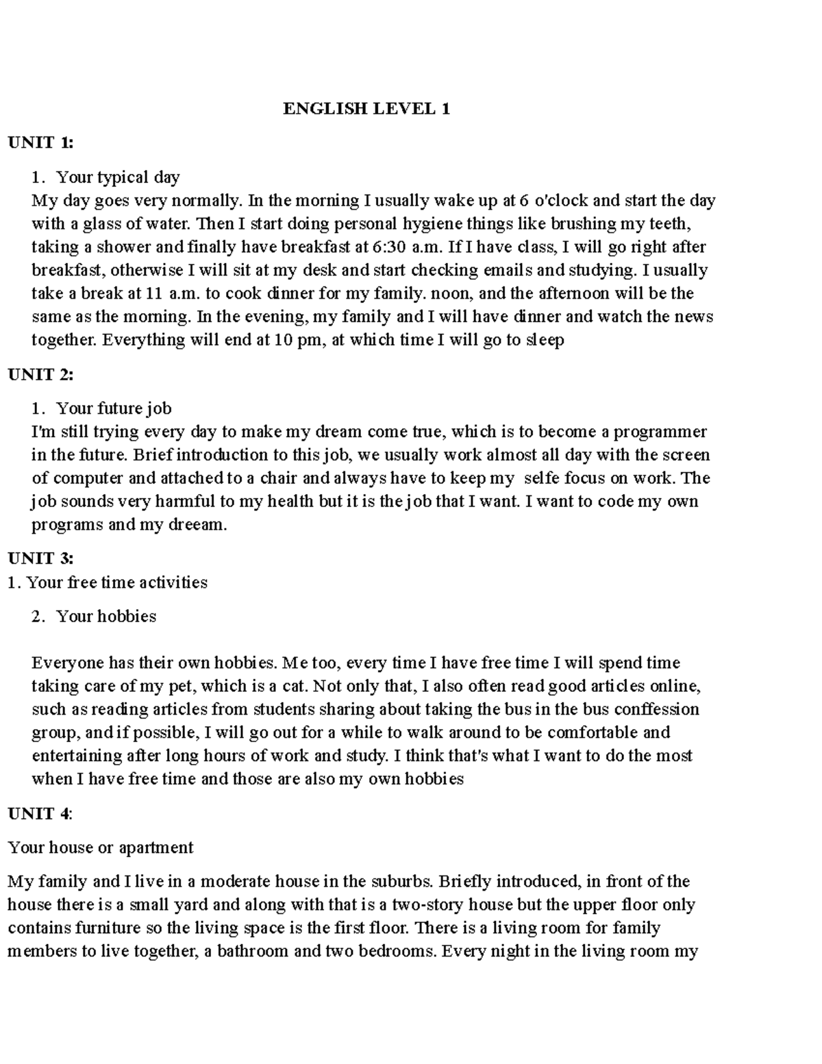 English Level 1 - it is need for you - ENGLISH LEVEL 1 UNIT 1: Your ...