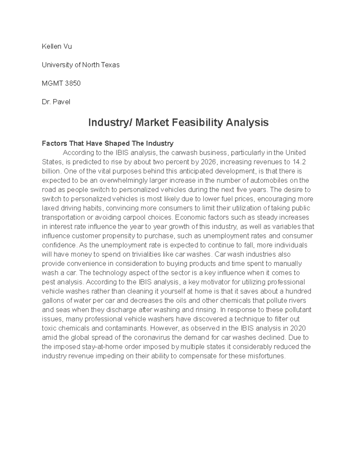 Car Wash Industry Report - Kellen Vu University of North Texas MGMT ...