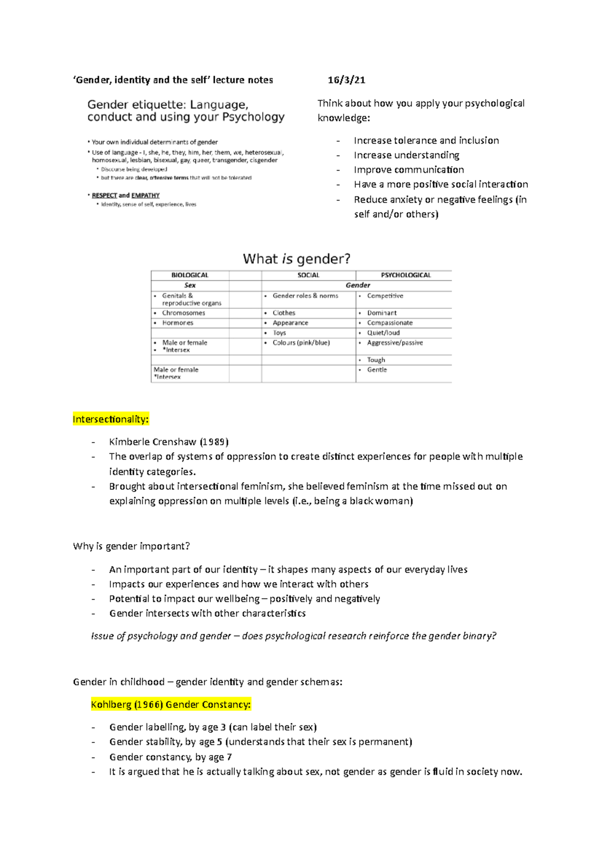 Gender, identity and the self lecture notes - Brought about ...