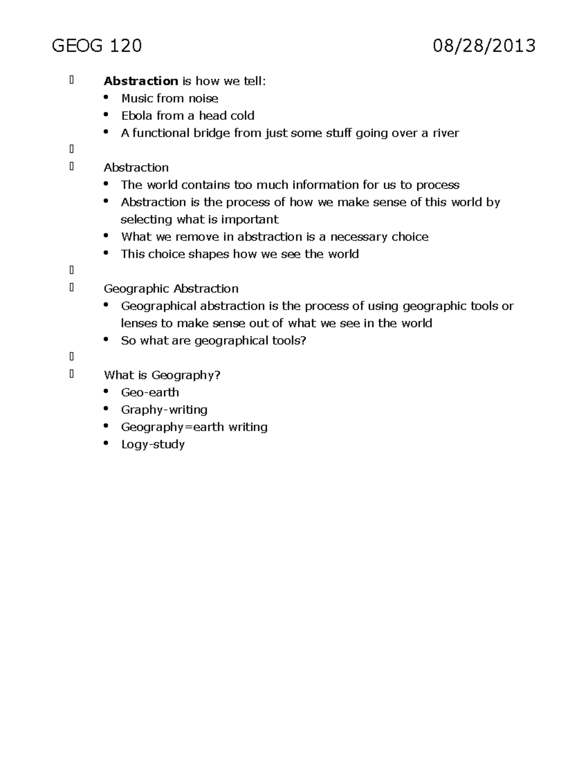 GEOG 120 notes - GEOG 120 08/28/ Abstraction is how we tell: Music from ...