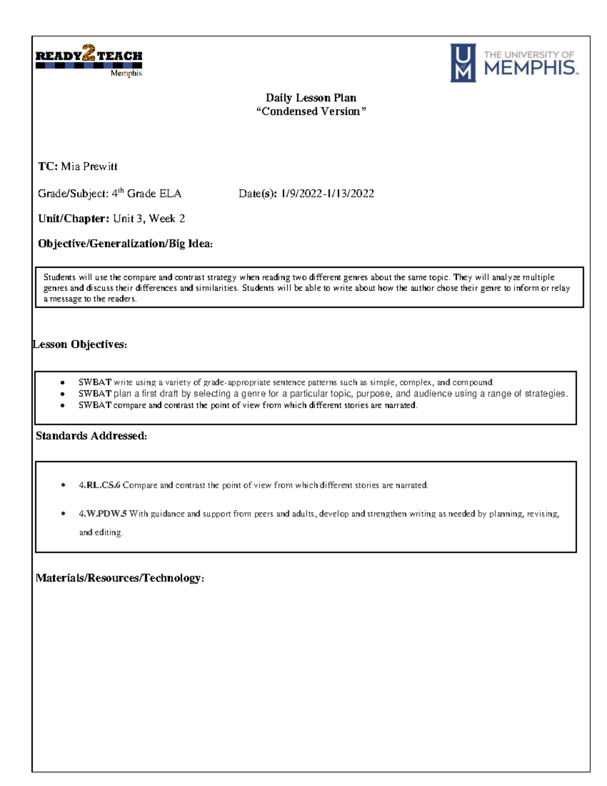 Unit 3, Week 2 Lesson Plan - Daily Lesson Plan “Condensed Version” TC ...