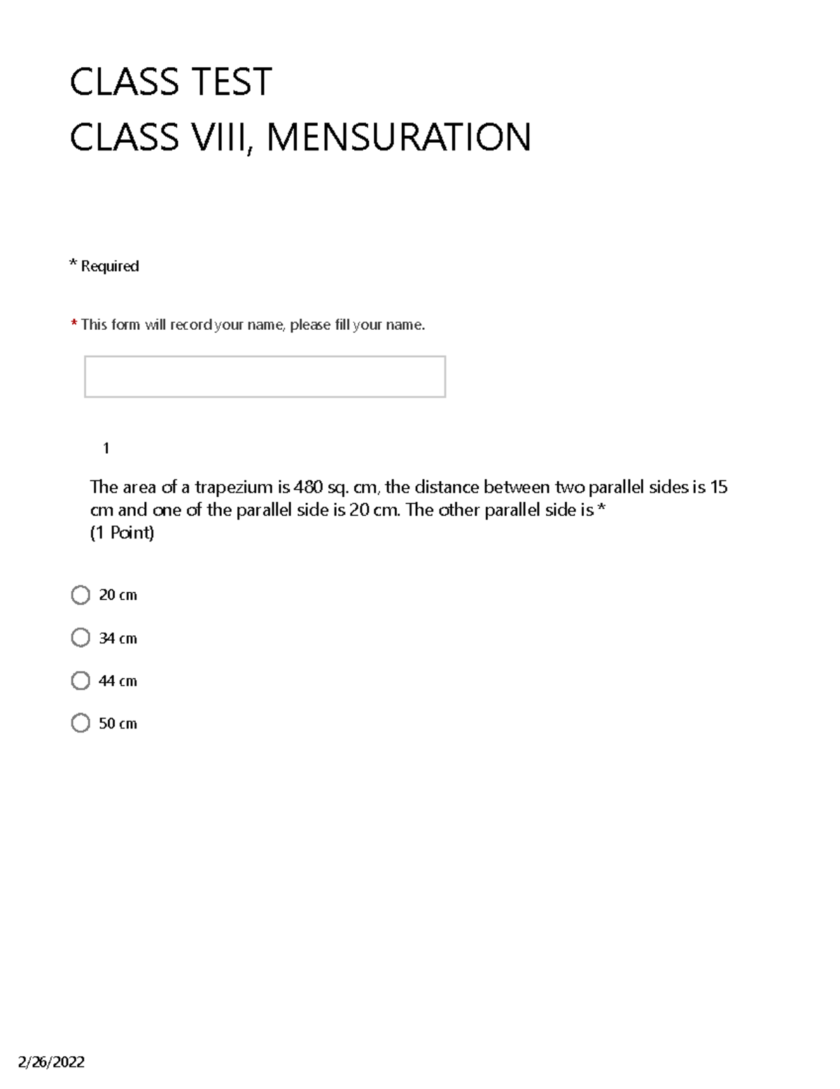 Class TEST Class VIII, Mensuration (Preview) Microsoft Forms - CLASS ...