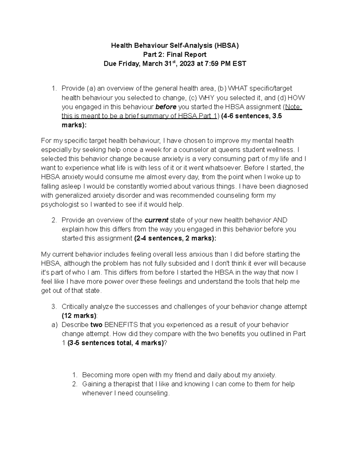 Health Behaviour Self-Analysis (HBSA) Part 2 Final Report - marks): For ...