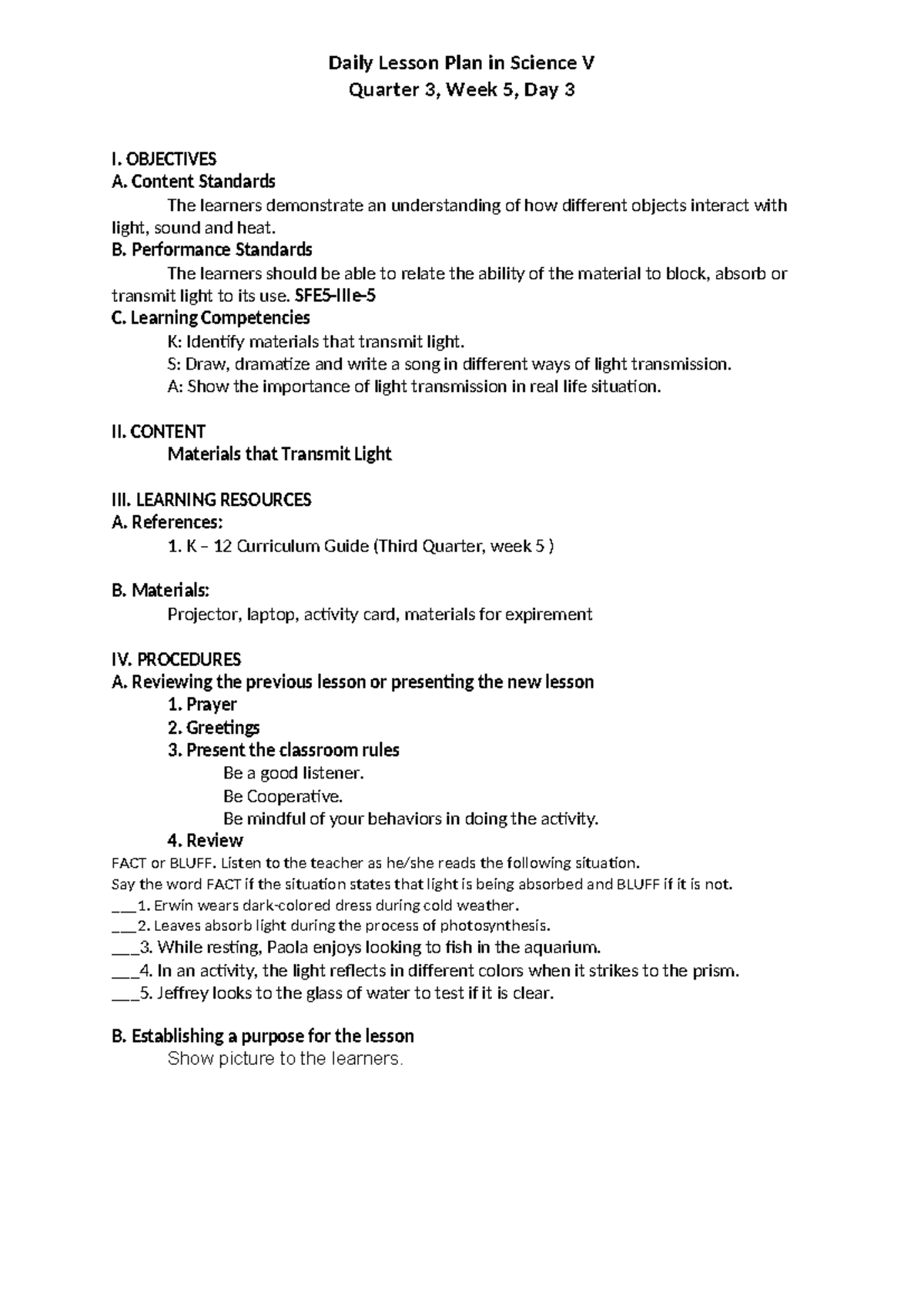 DLP in Sci V CO3 2023 - Daily Lesson Plan in Science V Quarter 3, Week ...