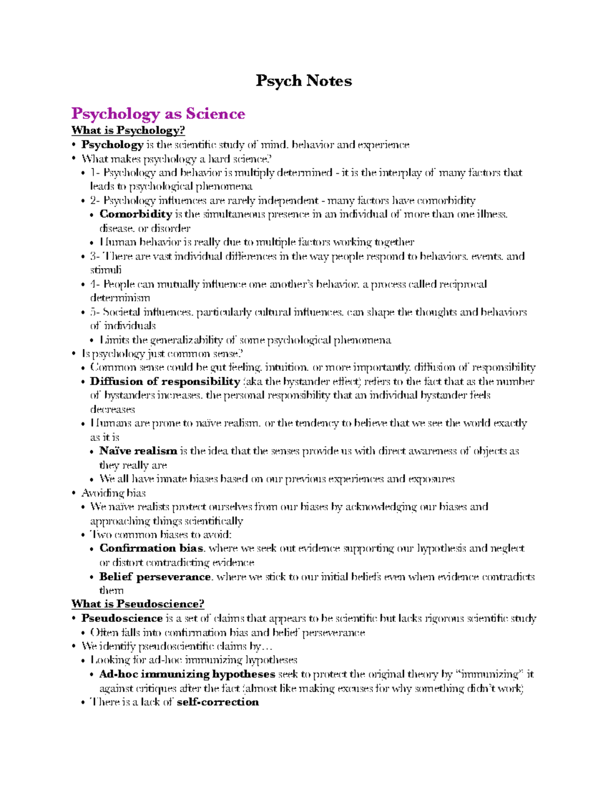 Ps101 notes and study guide - Psych Notes Psychology as Science What is ...