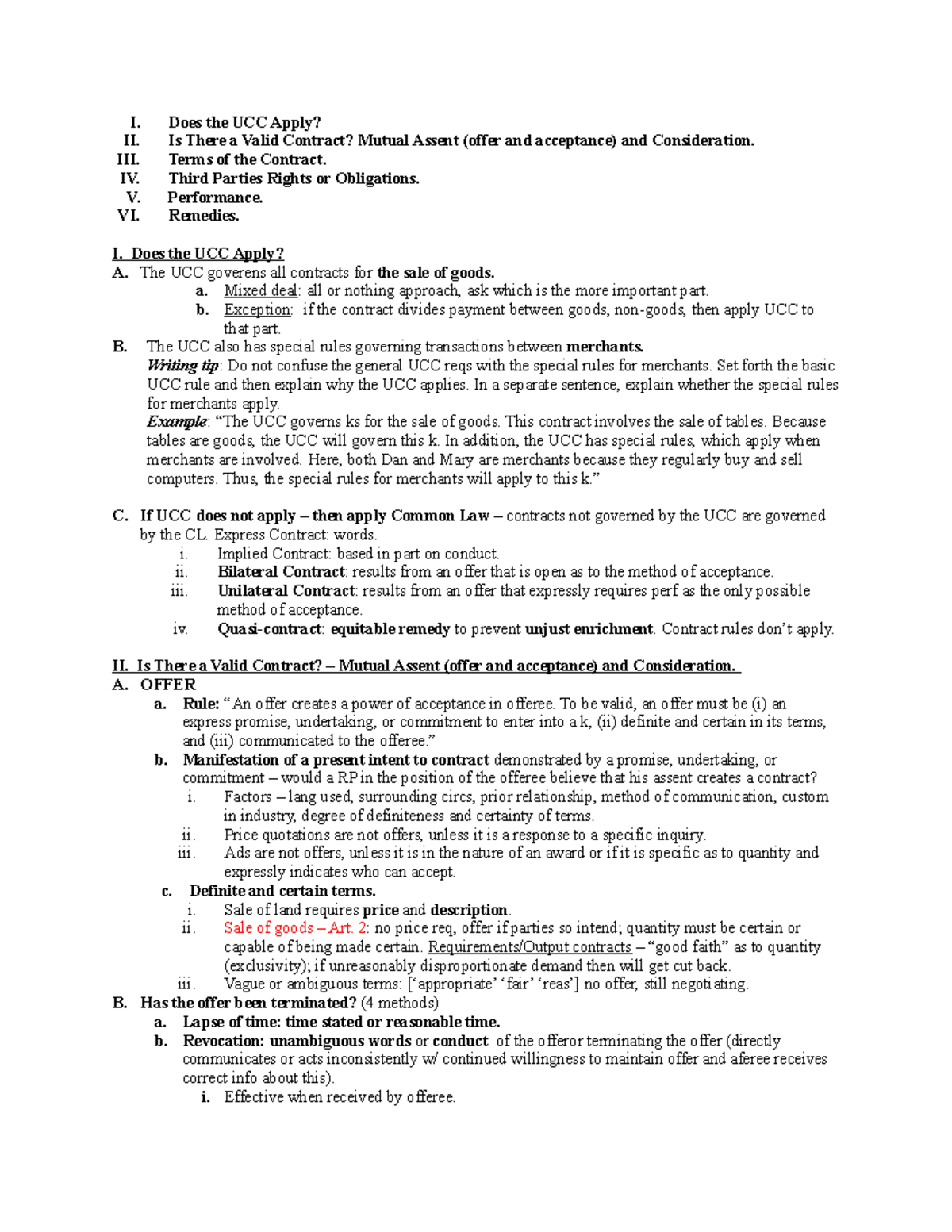 Contracts Attack Outline - I. Does the UCC Apply? II. Is There a Valid ...