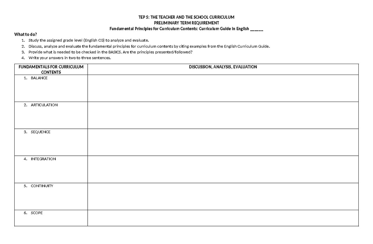 TEP 5 prelim tr - TEP 5: THE TEACHER AND THE SCHOOL CURRICULUM ...