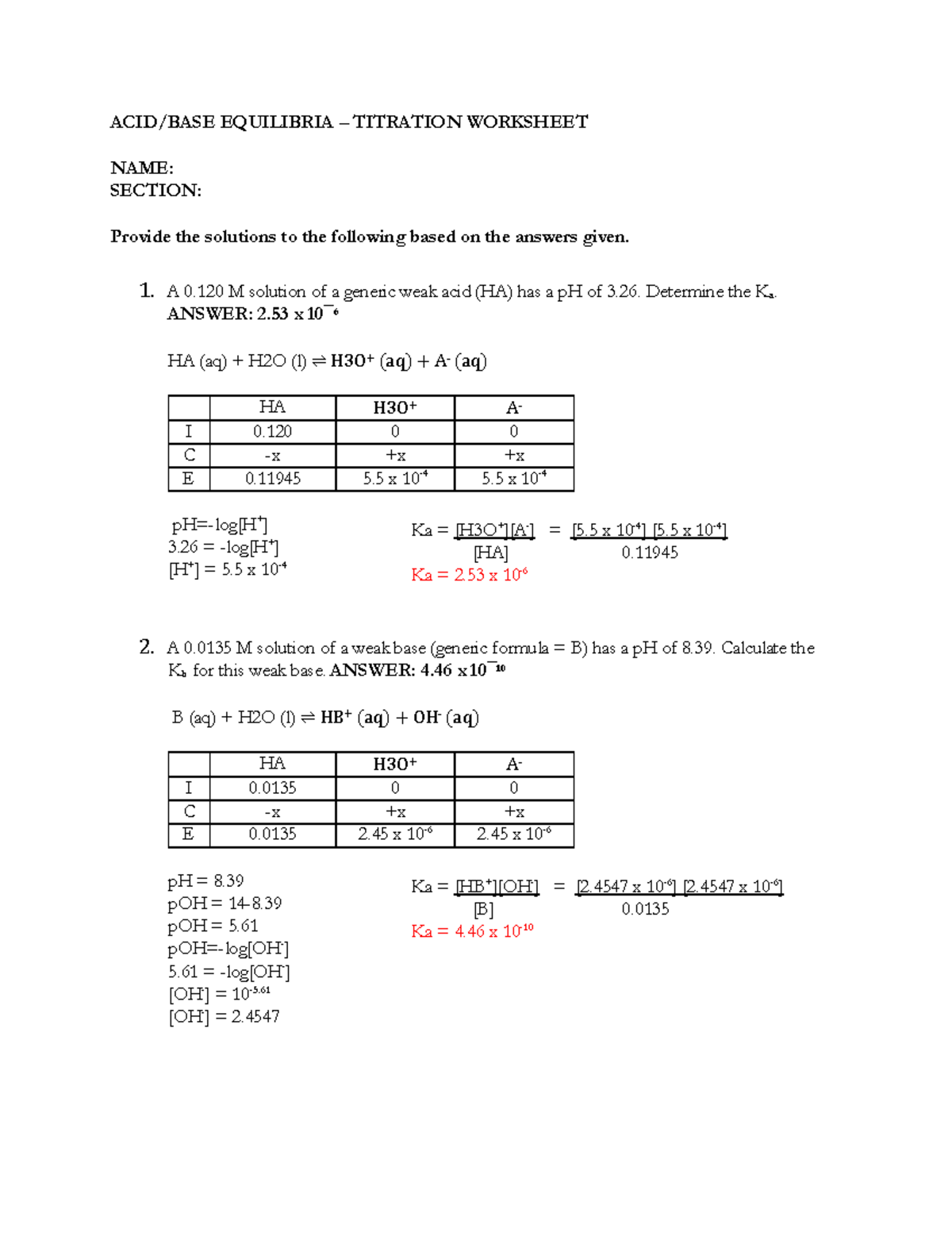 CHEM Microsoft Word - Worksheet 2 - ACID/BASE EQUILIBRIA – TITRATION ...