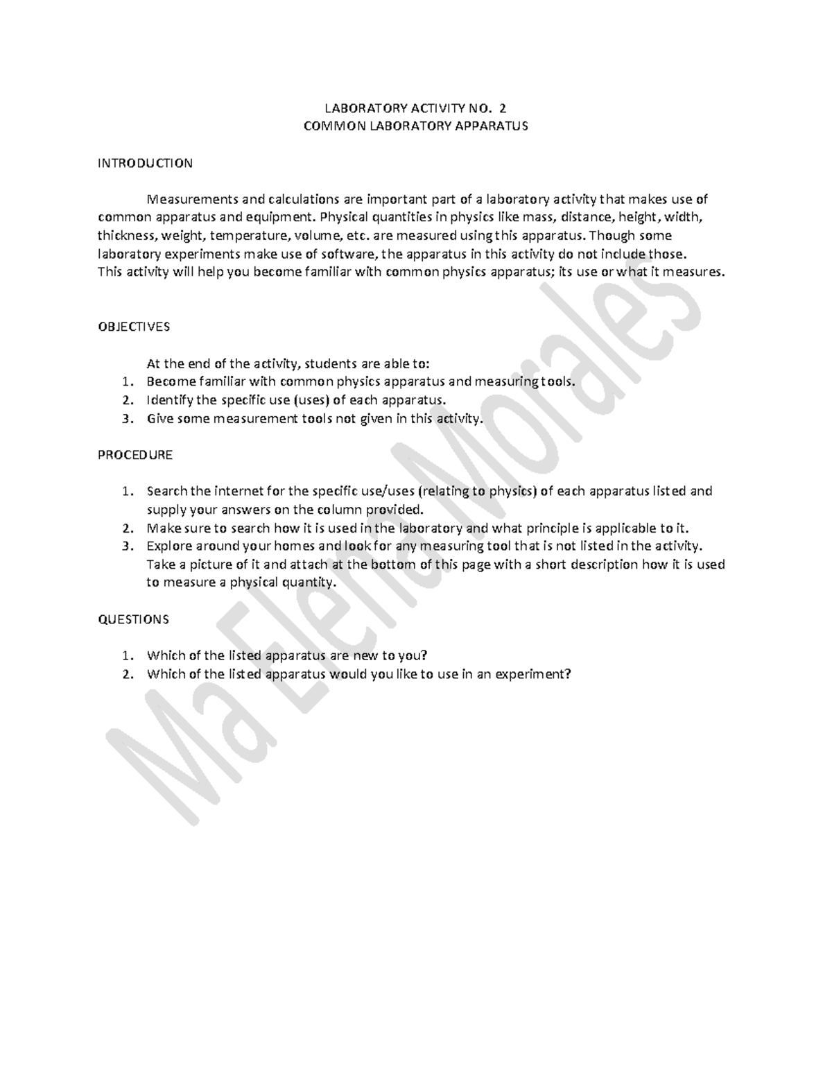 Common Lab Apparatus - notes - LABORATORY ACTIVITY NO. 2 COMMON ...