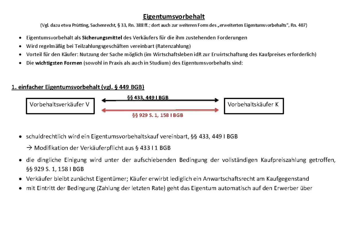 Übersicht Eigentumsvorbehalt - §§ 433, 449 I BGB §§ 929 S. 1, 158 I BGB ...