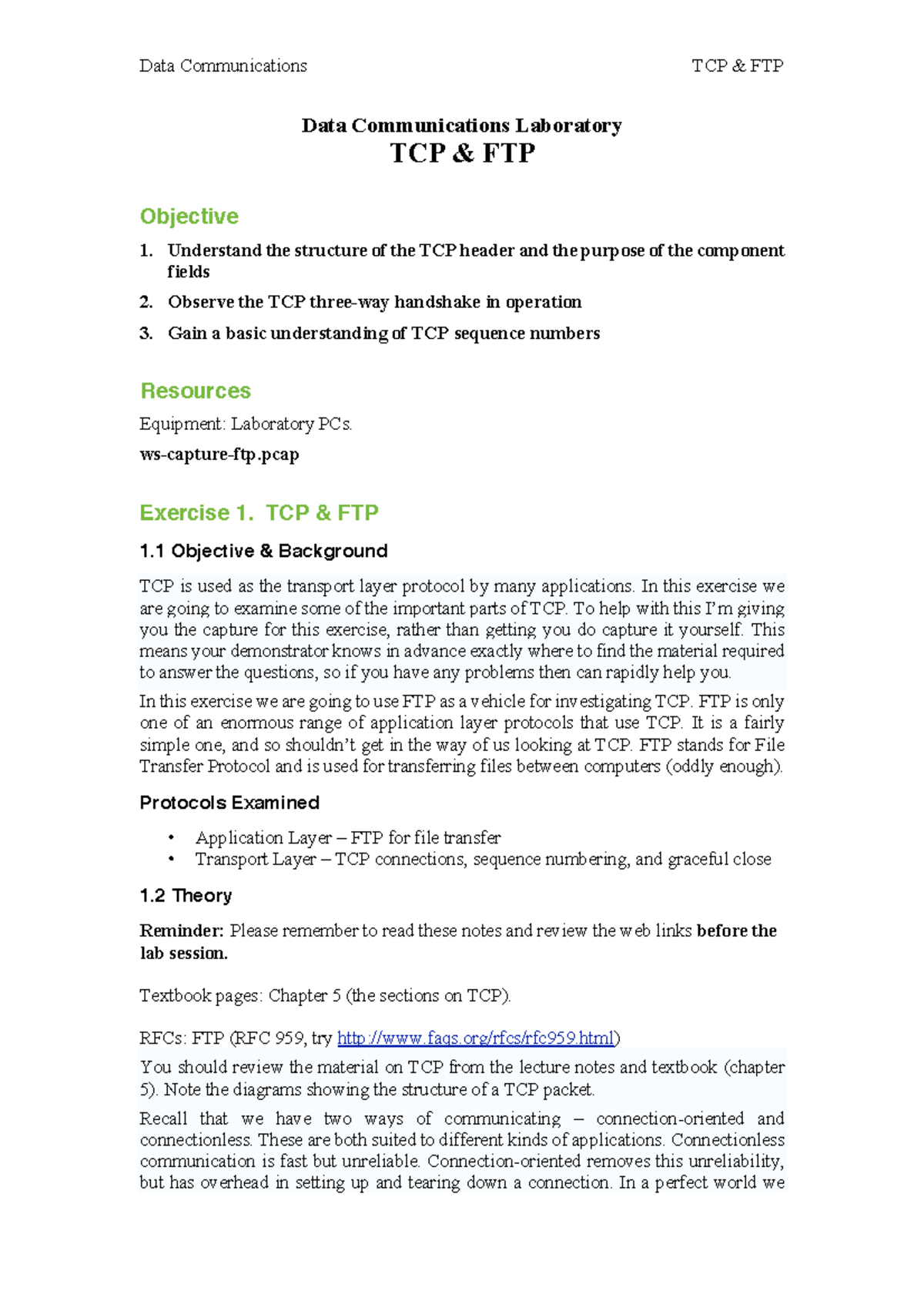 Practical Transport Layer Data Communications Laboratory Tcp And Ftp Objective 1 Understand
