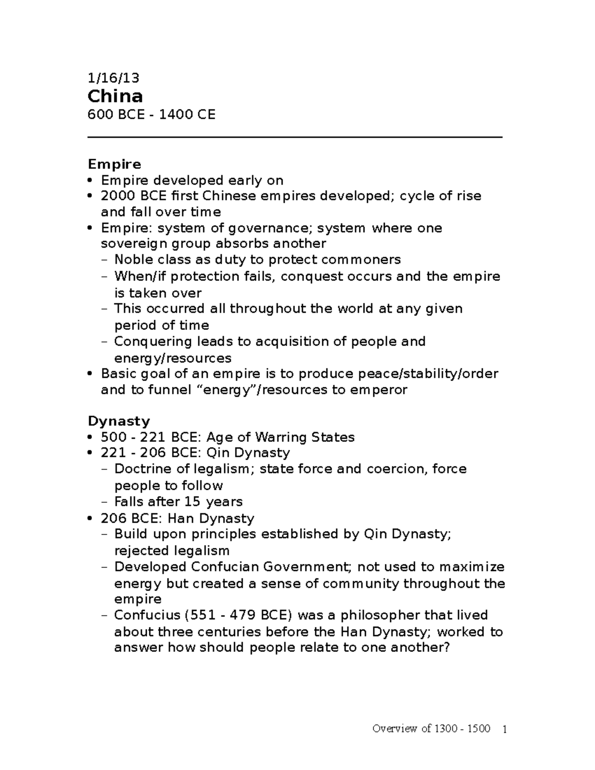 2 - China 1-16-13 - Lecture notes 2 - China 600 BCE 1400 CE Empire ...