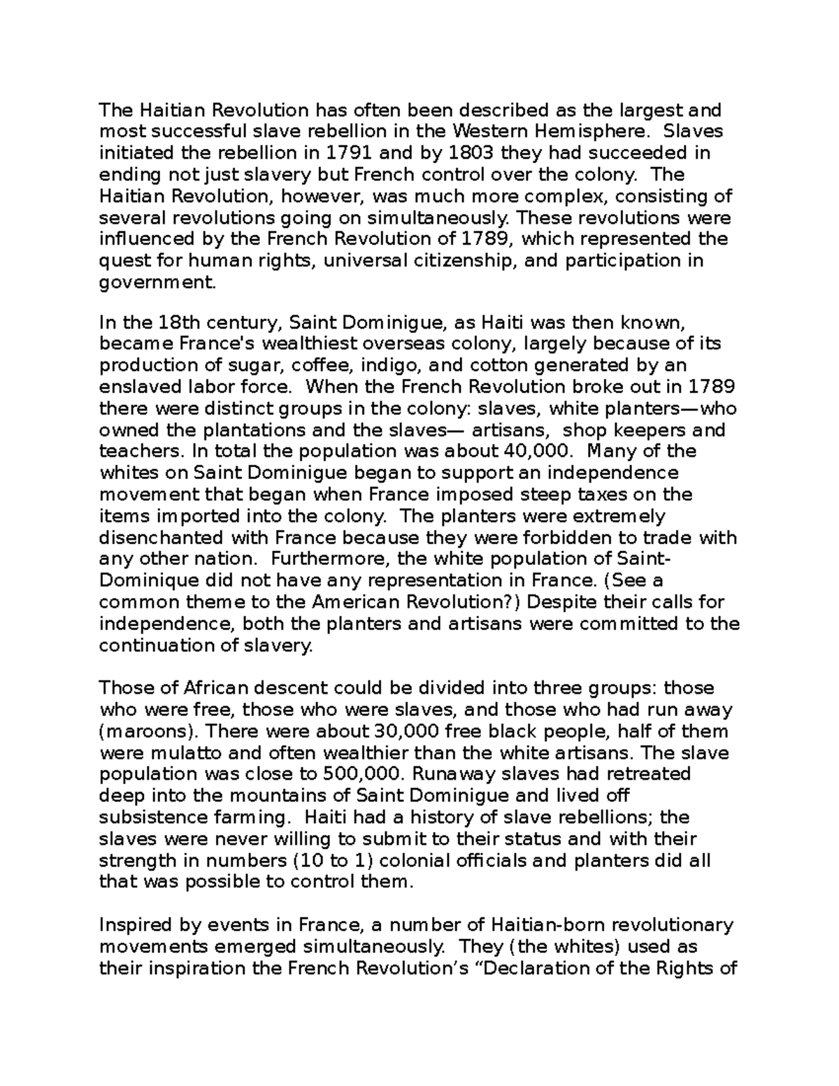 The hatian revolution - notes - The Haitian Revolution has often been ...