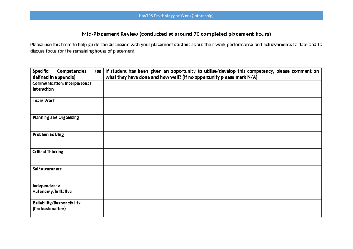 HPS328 Mid-Placement Review Form - Mid-Placement Review (conducted at ...