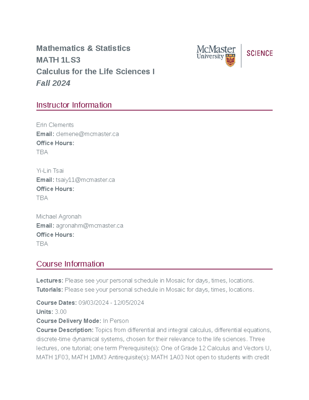 Math 1LS3 - Fall 2024 Outline - Mathematics & Statistics MATH 1LS ...