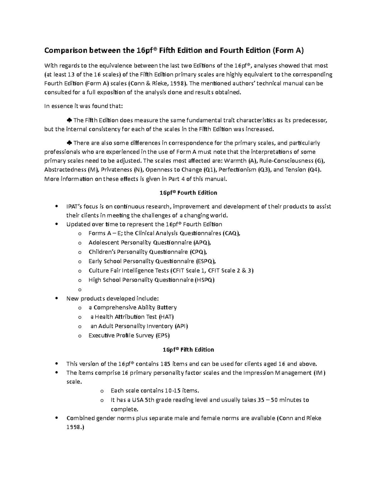 16pf Version Information - BS Psychology - Studocu