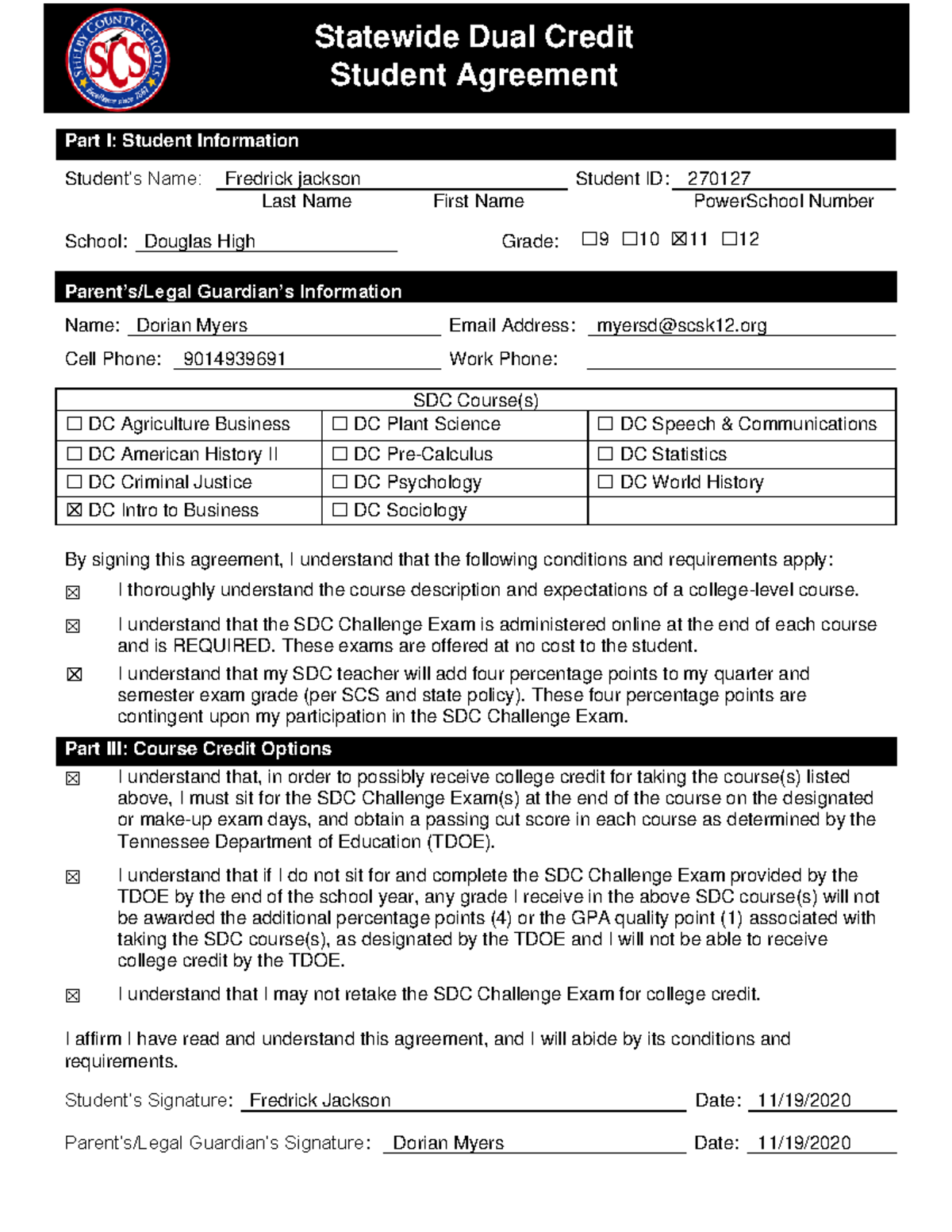 SDC Student Agreement Form - Part I: Student Information Student’s Name ...