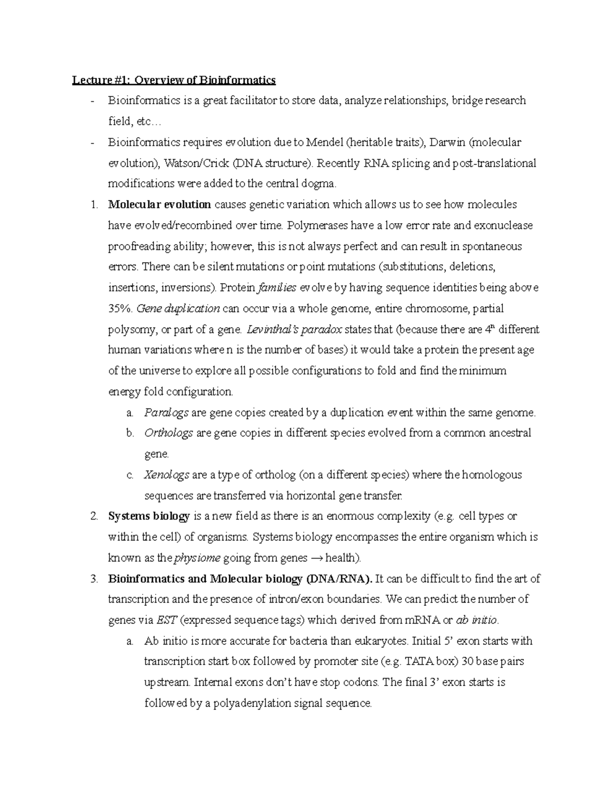 BIOC 334 - Exam 3 - Bioinformatics - Lecture #1: Overview of ...