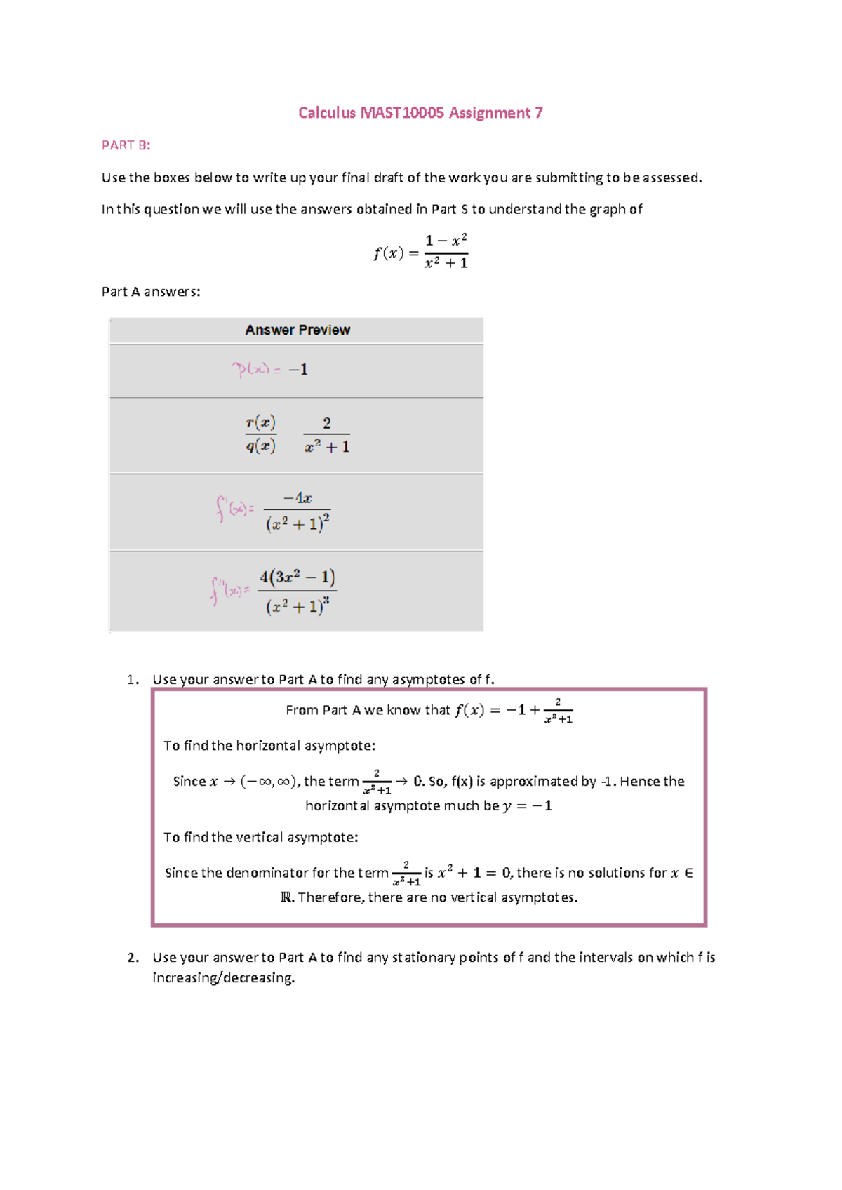 Calculus MAST10005 Assignment 7 - In this question we will use the answers obtained in Part S to ...