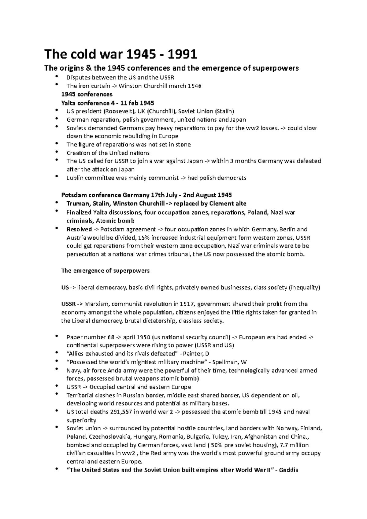 The cold war year 12 notes - The cold war 1945 - 1991 The origins & the ...