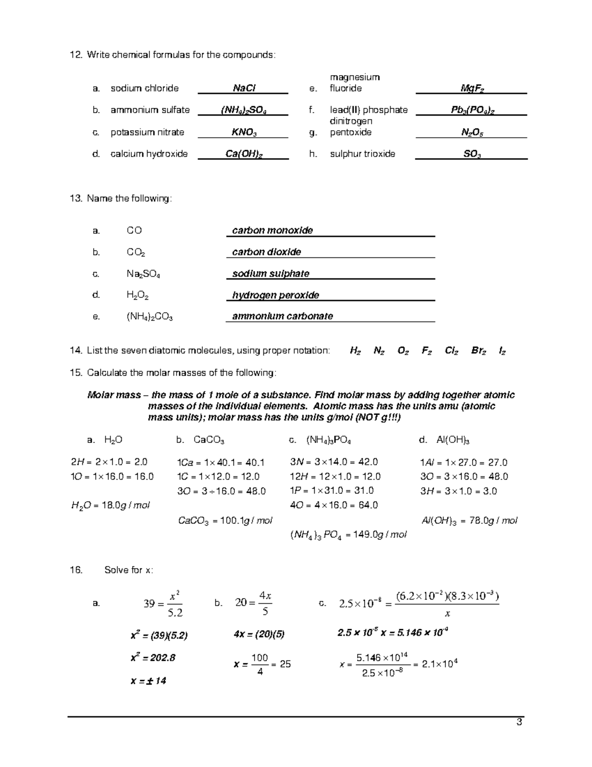 Basic chem review answers 3 - Write chemical formulas for the compounds ...