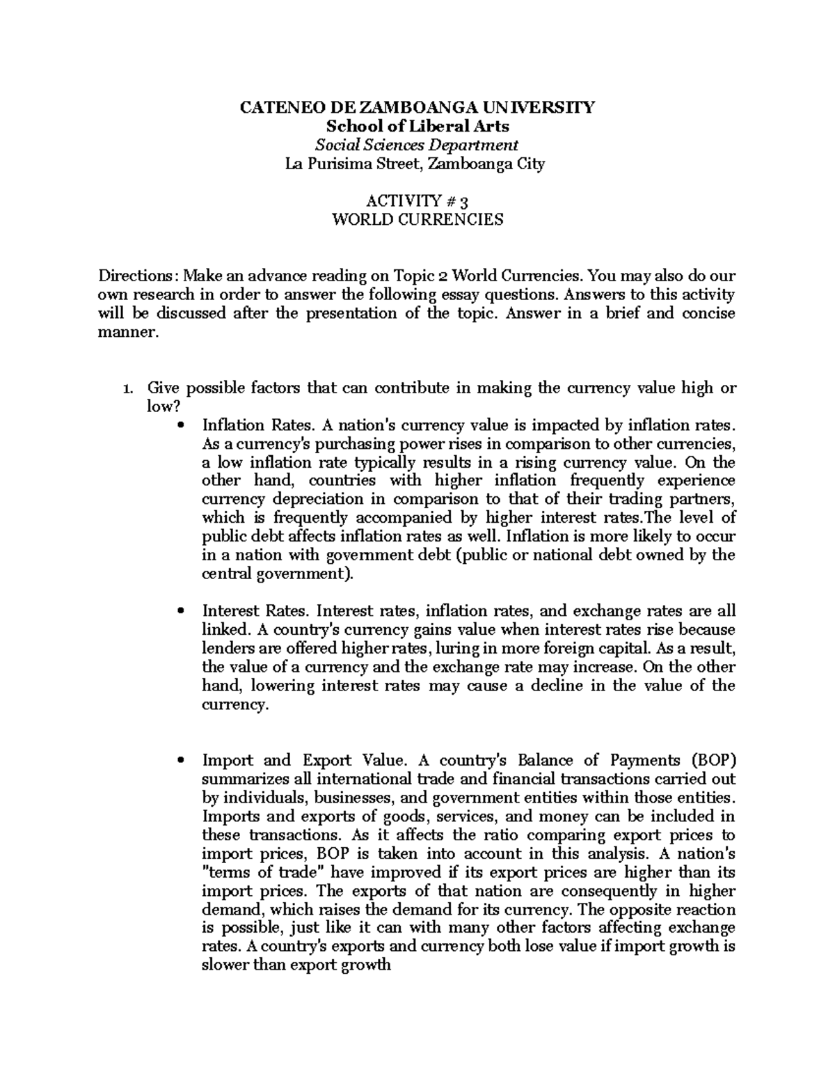 Activity 3 World Currency - CATENEO DE ZAMBOANGA UNIVERSITY School of ...