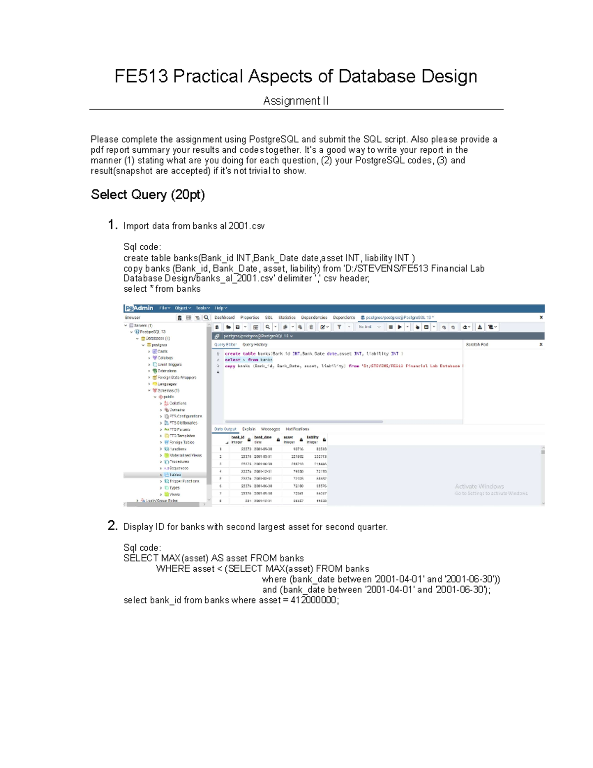 Assignment one for Bloomberg Terminal - FE513 Practical Aspects of Database Design Assignment II ...