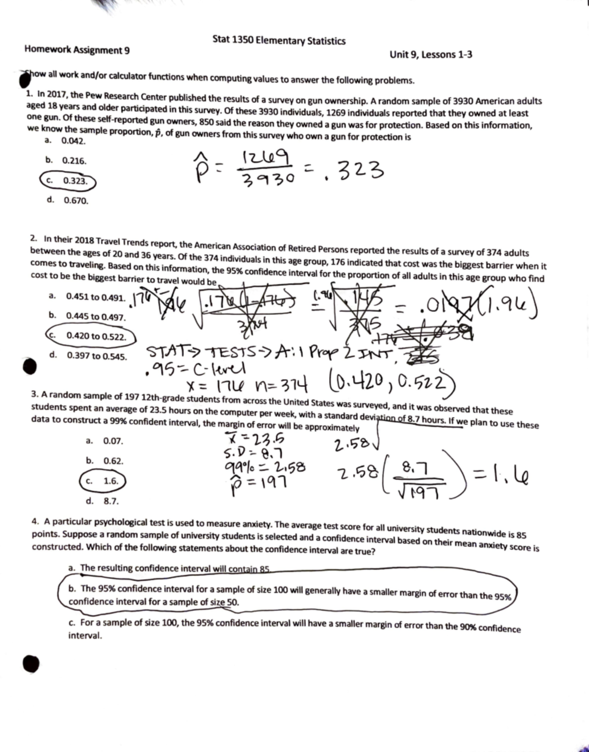 Stats HW 9 - Homework assignment - Homework Assignment 9 Unit 9, Lessons 1- wow all work and/or ...