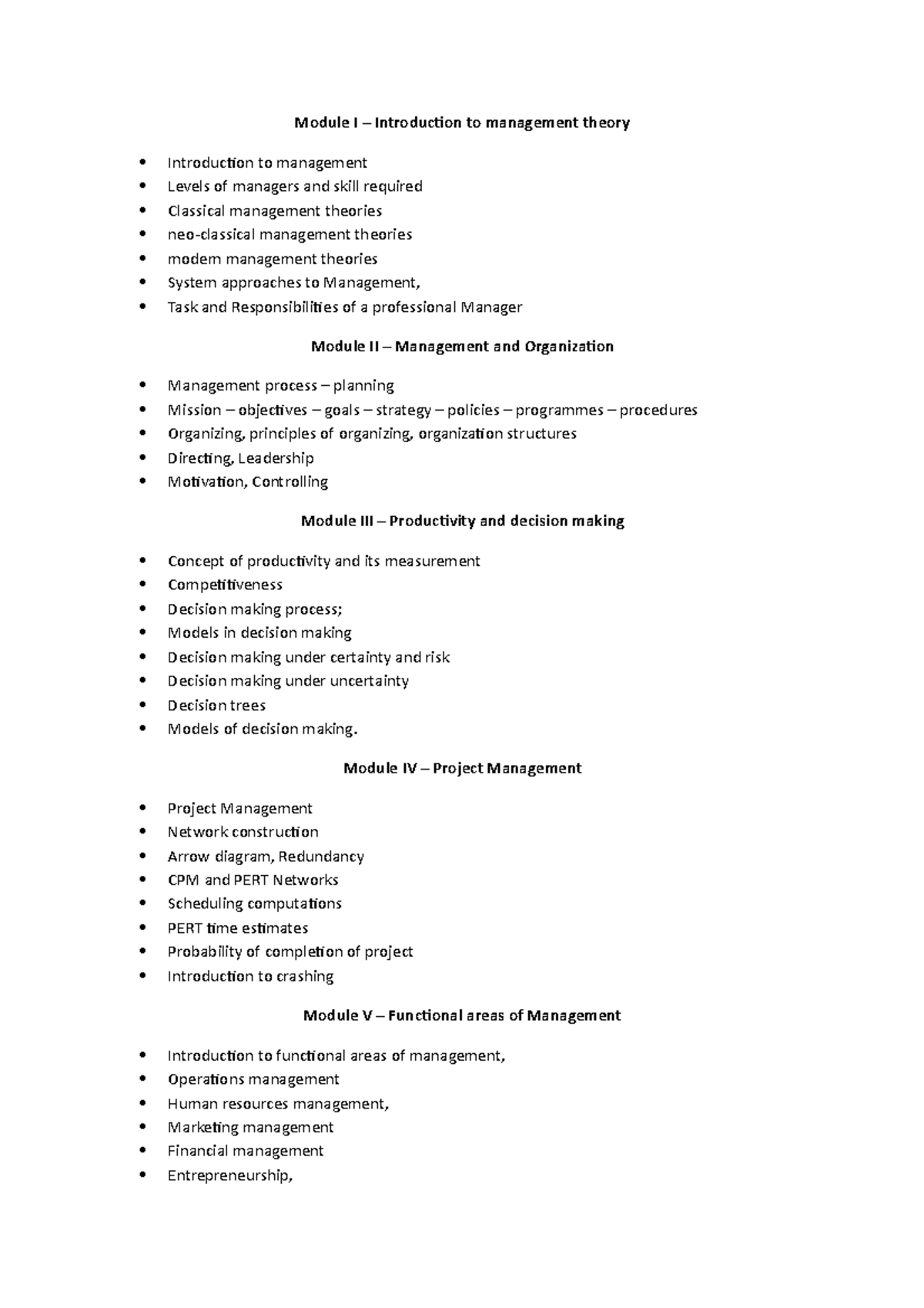 MFE Syllabus - Module I – Introduction to management theory Introduction to management Levels of ...