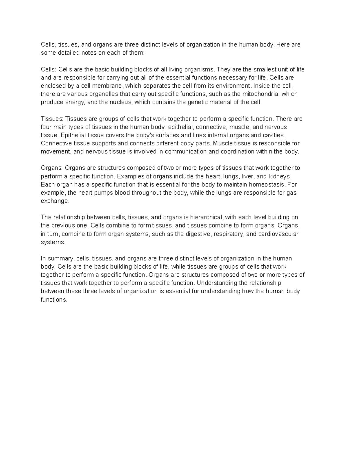 Cells, Tissues, and Organs - Here are some detailed notes on each of ...