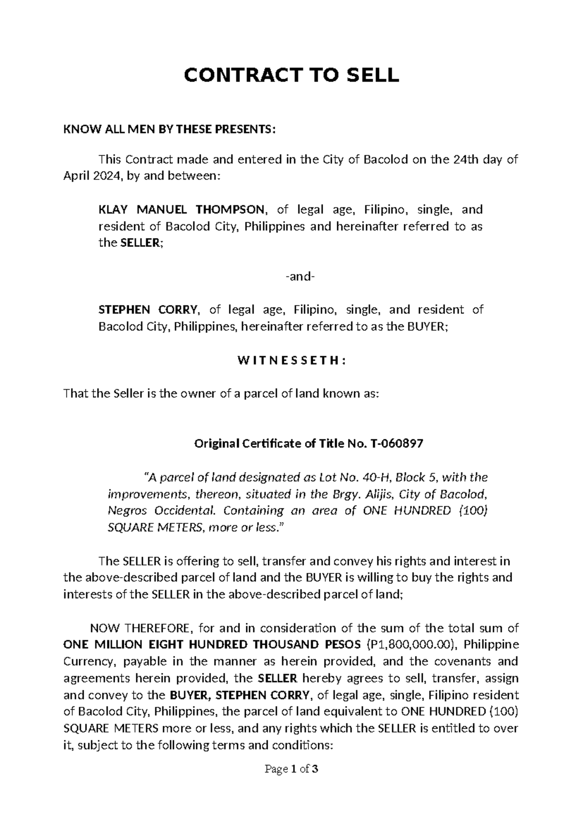 Contract to Sell Sample Format - CONTRACT TO SELL KNOW ALL MEN BY THESE ...