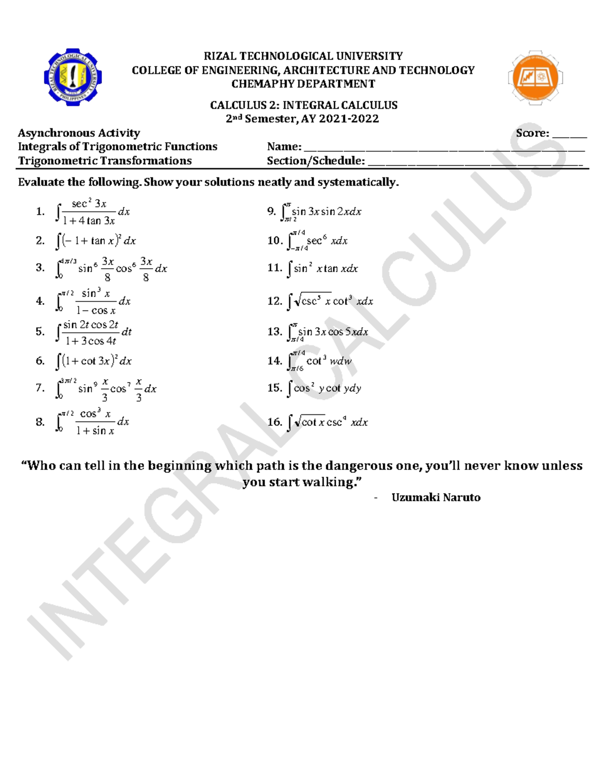 SW-No - integral cal - RIZAL TECHNOLOGICAL UNIVERSITY COLLEGE OF ...
