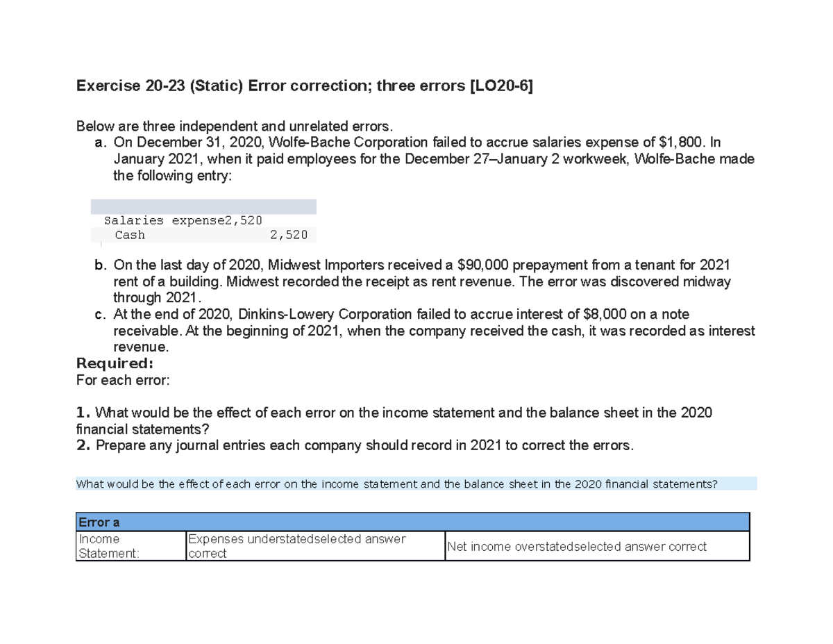Exercise 20-7 - Assignments - Homework - Exercise 20-23 (Static) Error ...