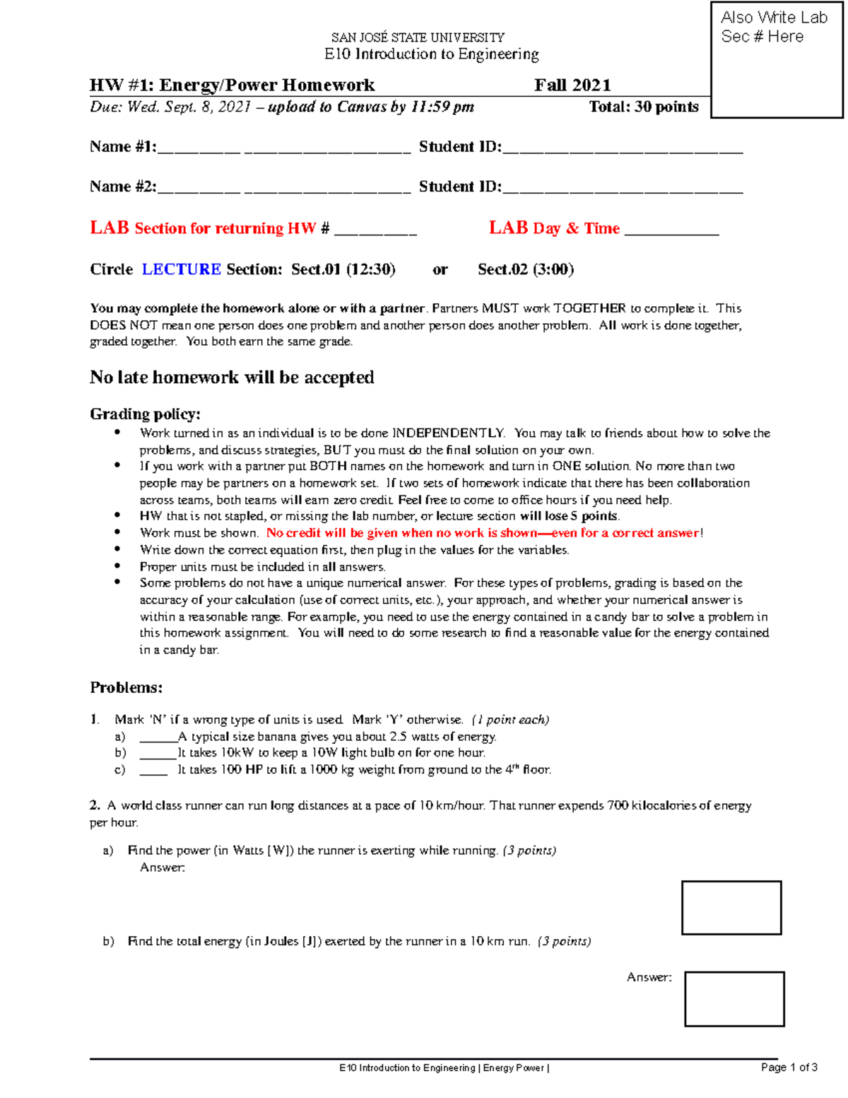 HW Energy Power Homework - SAN JOSÉ STATE UNIVERSITY E10 Introduction ...