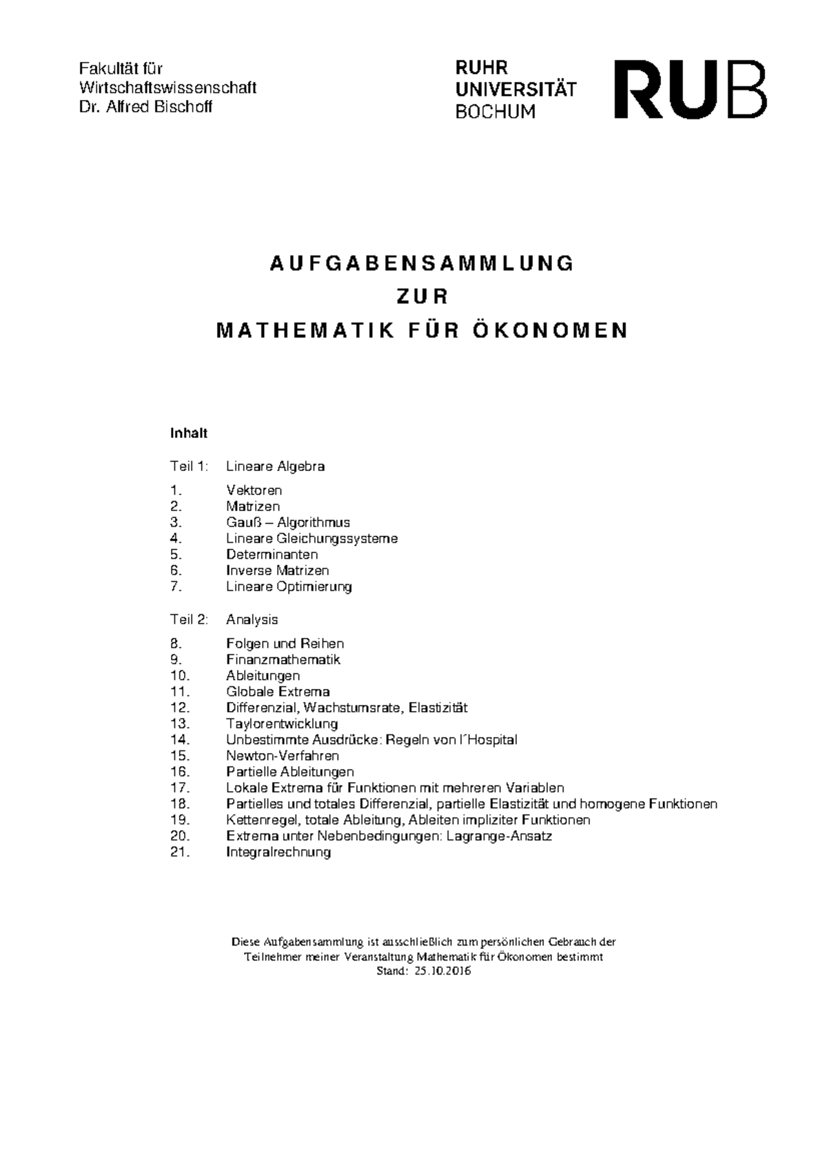 Aufgabensammlung mathe fur - Wirtschaftswissenschaft Dr. Alfred ...