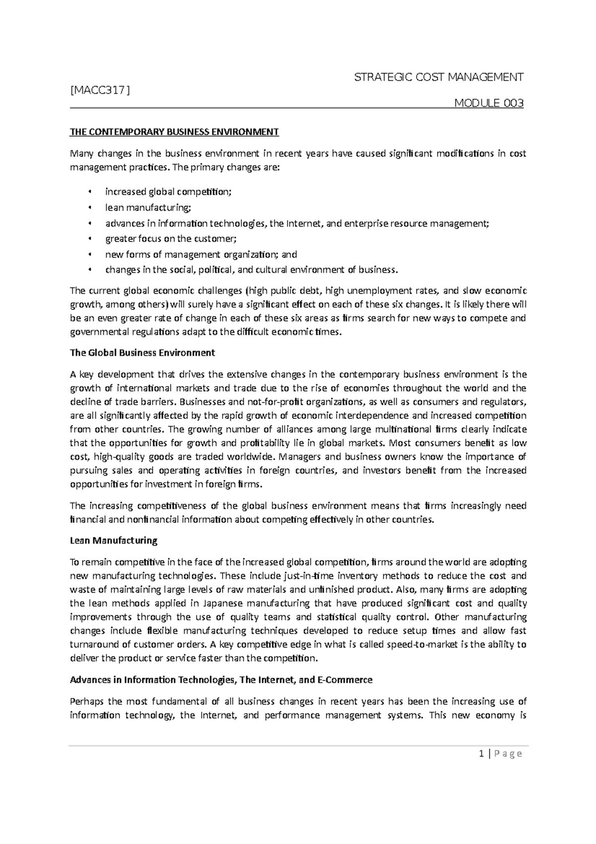 Module 3 Strategic COST Management [MACC 317] - STRATEGIC COST ...
