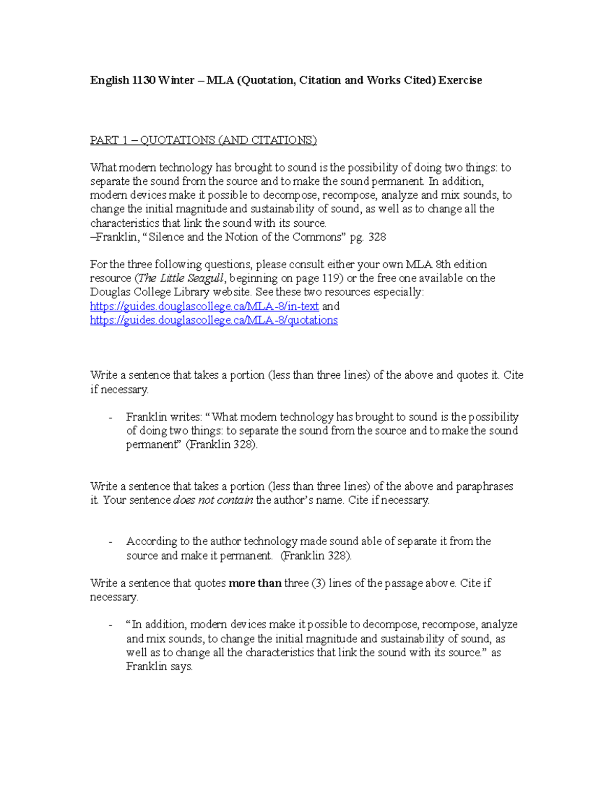 MLA - MLA - ENGL 1130 - Douglascollege - Studocu