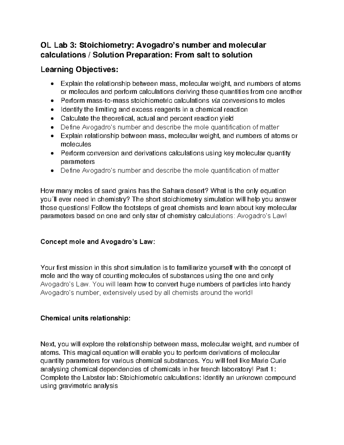 Week 3 Lab-Stoichiometry and Solutions - OL Lab 3 : Stoichiometry: Avogadro’s number and ...