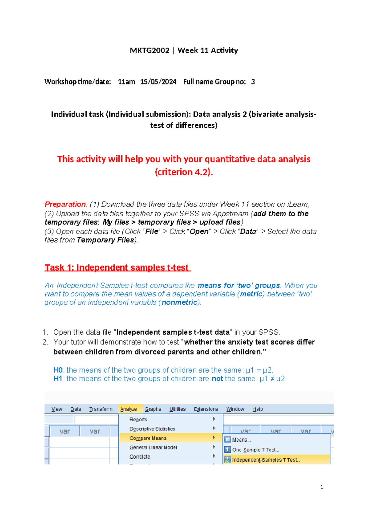 data entry week 11 - MKTG2002 | Week 11 Activity Workshop time/date ...