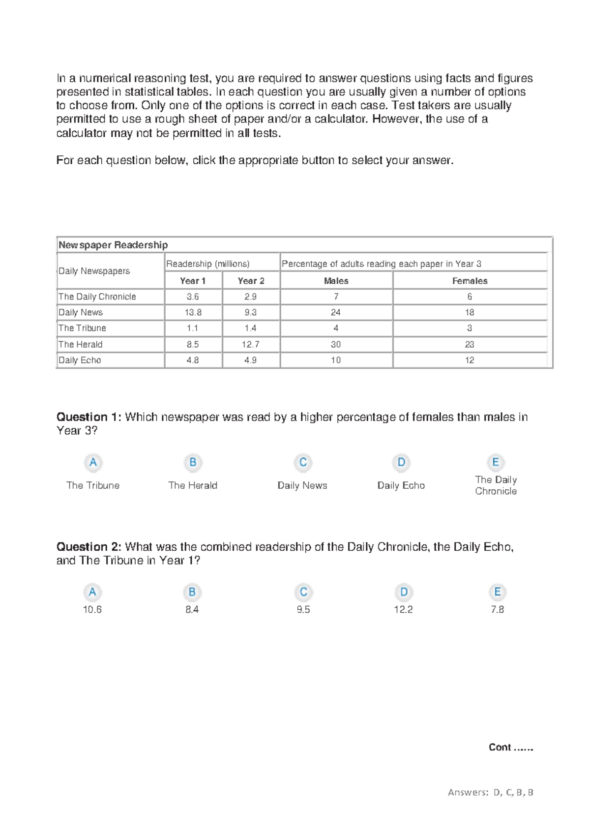 Numerical reasoning sample questions - Answers: D, C, B, B In a ...