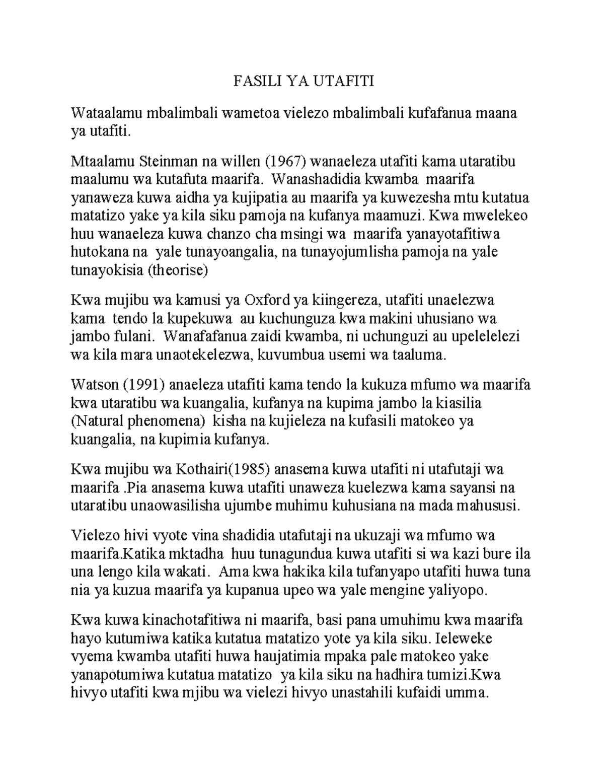 Fasili YA Utafiti - Kiswahili notes - FASILI YA UTAFITI Wataalamu ...